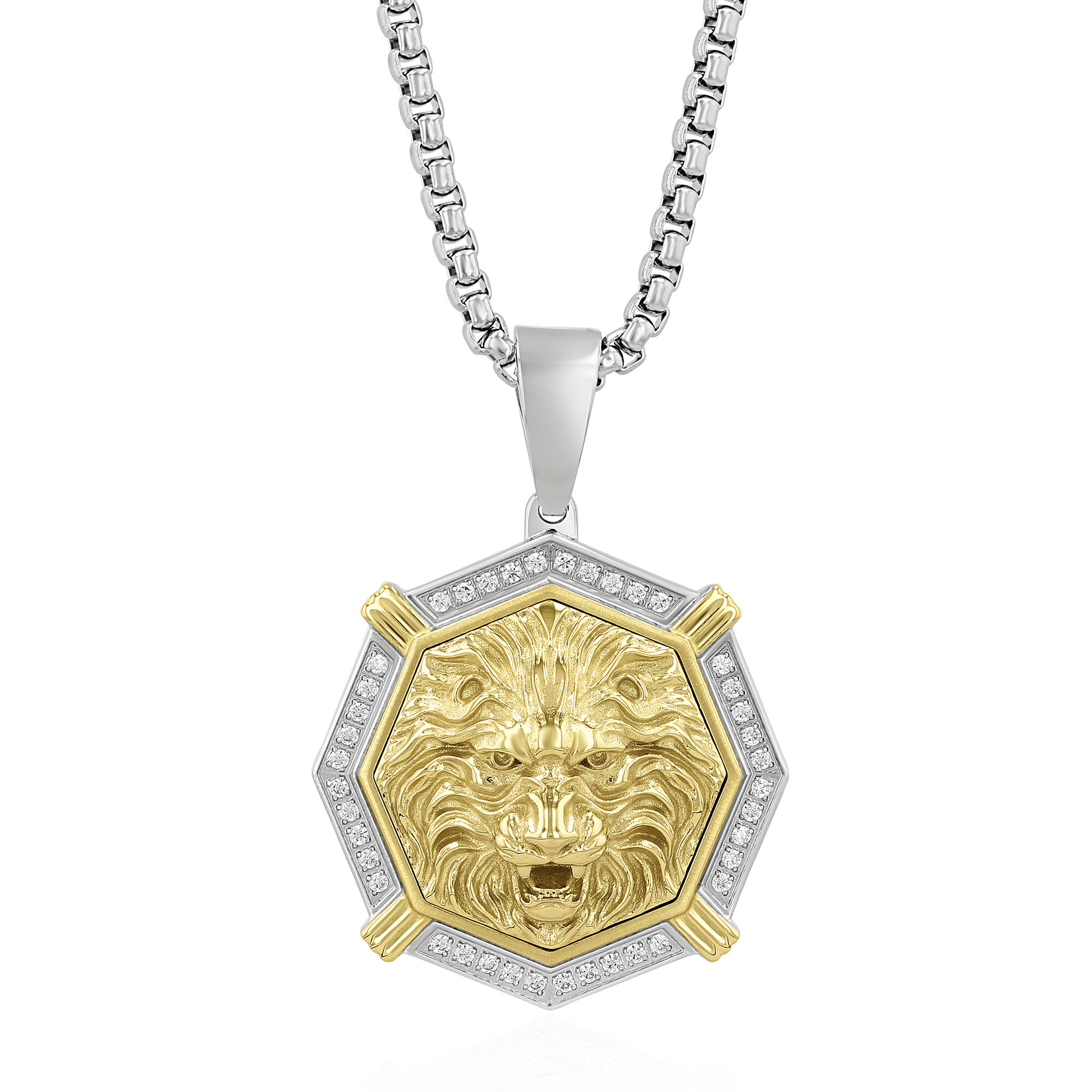 Men's Diamond Lion Head Medallion in White & Yellow Stainless Steel