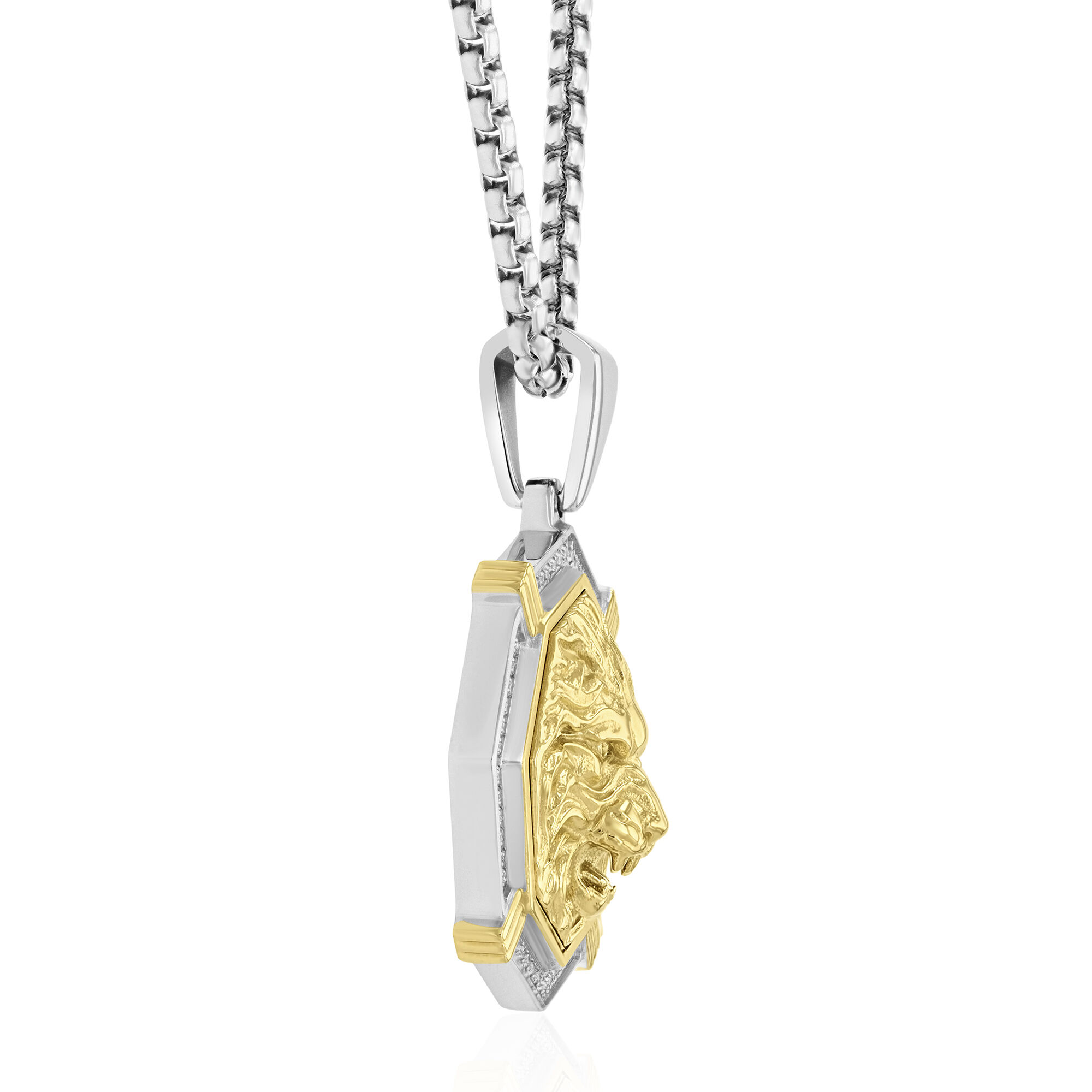 Men's Diamond Lion Head Medallion in White & Yellow Stainless Steel