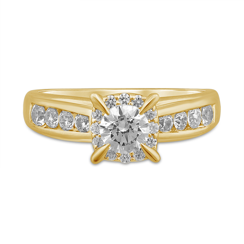 Round Side-Stone Engagement Ring with Halo in 14K Gold