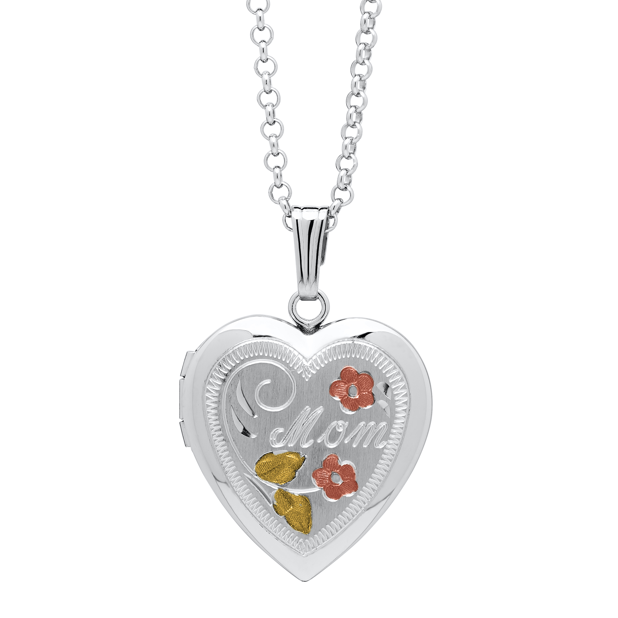 Floral Mom Locket with Tri-Tone Rhodium Plated Sterling Silver